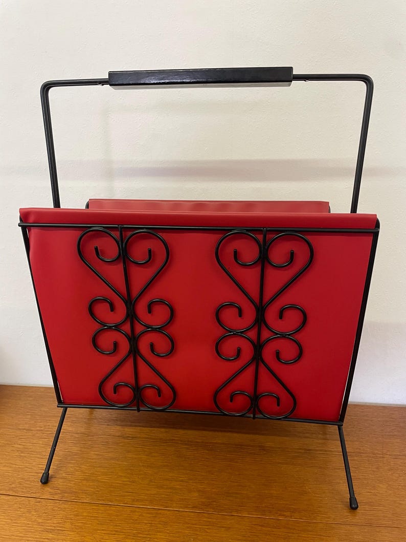 Mid Century Magazine Rack / Newspaper Rack Made of Black Metal and Red ...