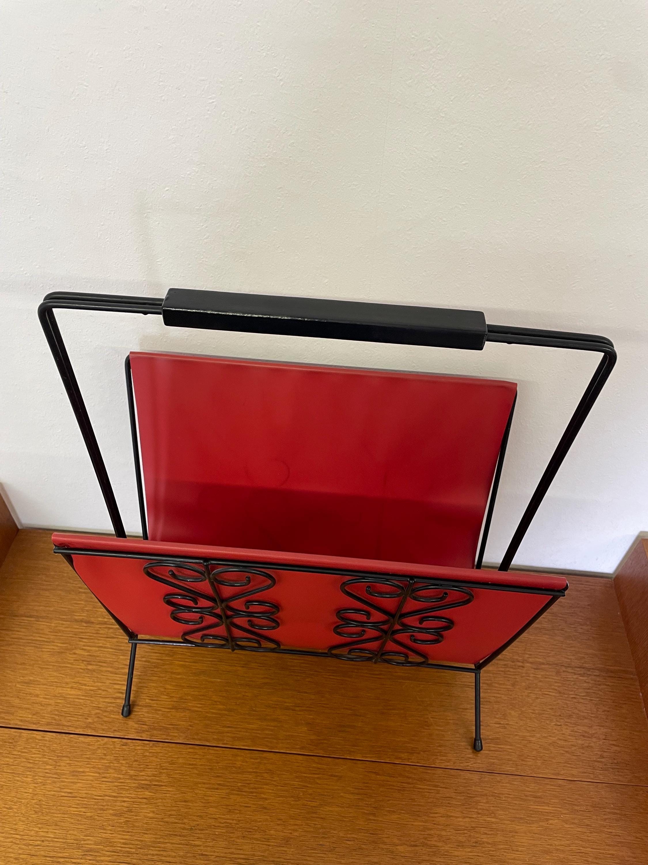 Mid Century Magazine Rack / Newspaper Rack Made of Black Metal and Red ...