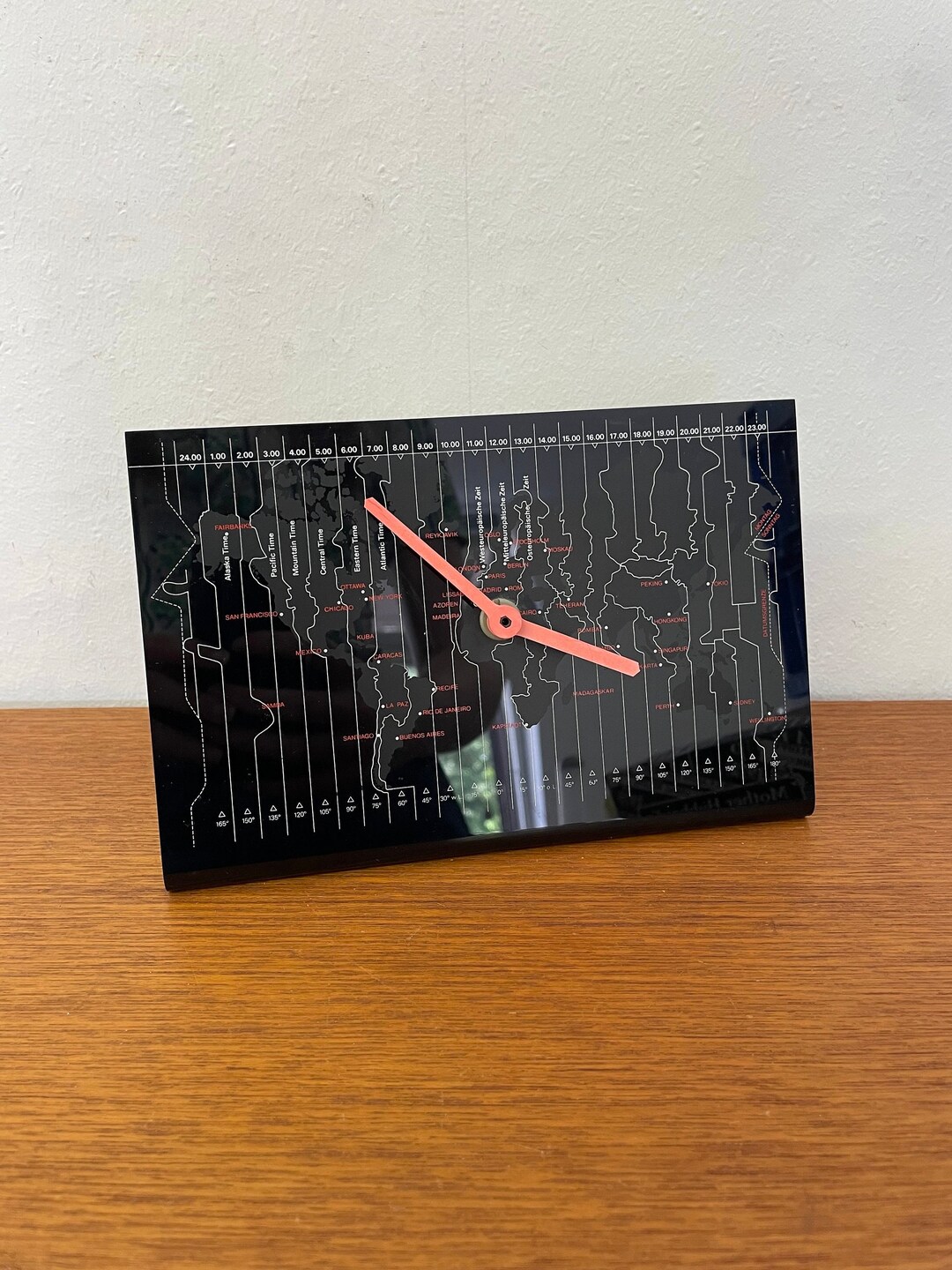 Table Clock With Time Zones, Made of Plastic in Black With Red, 70s Mid ...