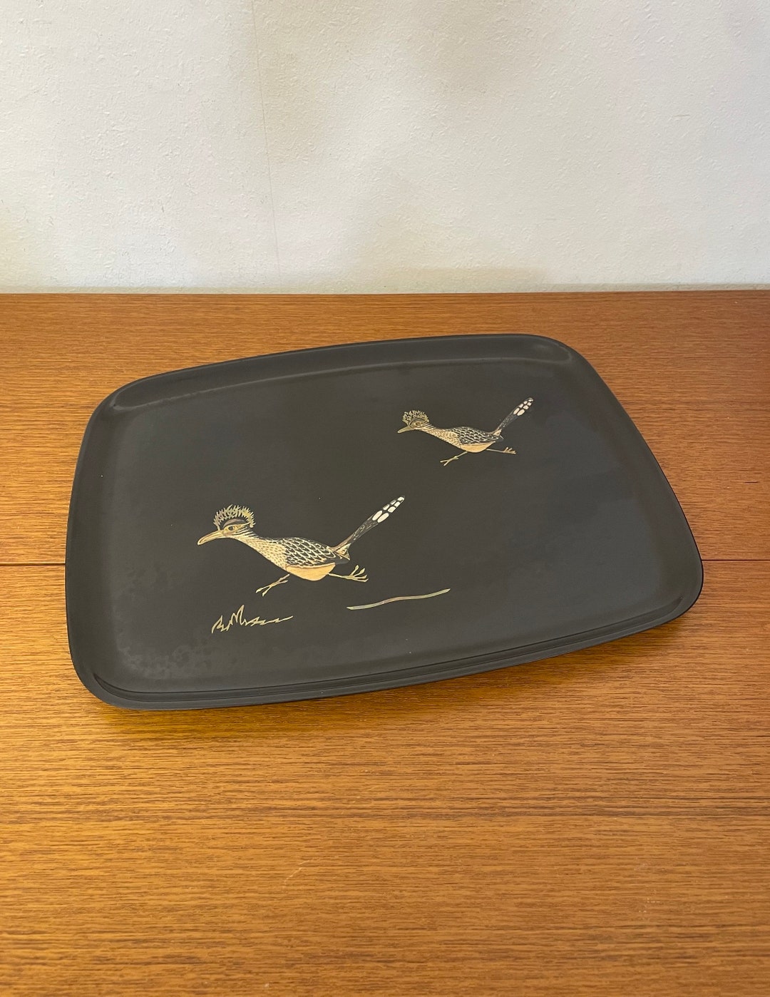 Roadrunner Bird Tray by Couroc Made of Plastic in Black With Gold Mid ...