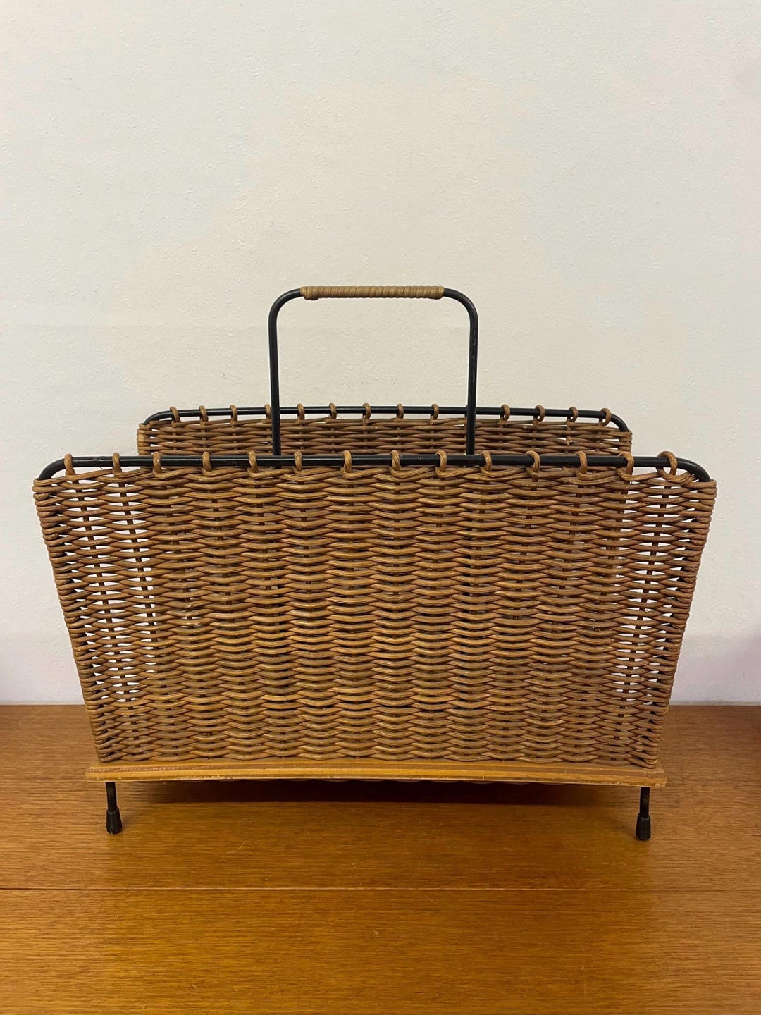 Mid-century Magazine Rack / Newspaper Stand Made of Metal, Wicker and ...