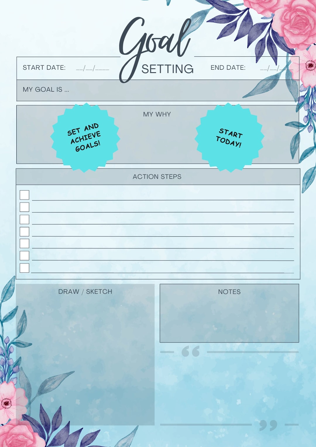 Goal Setting Worksheet Digital Download Flowers - Etsy