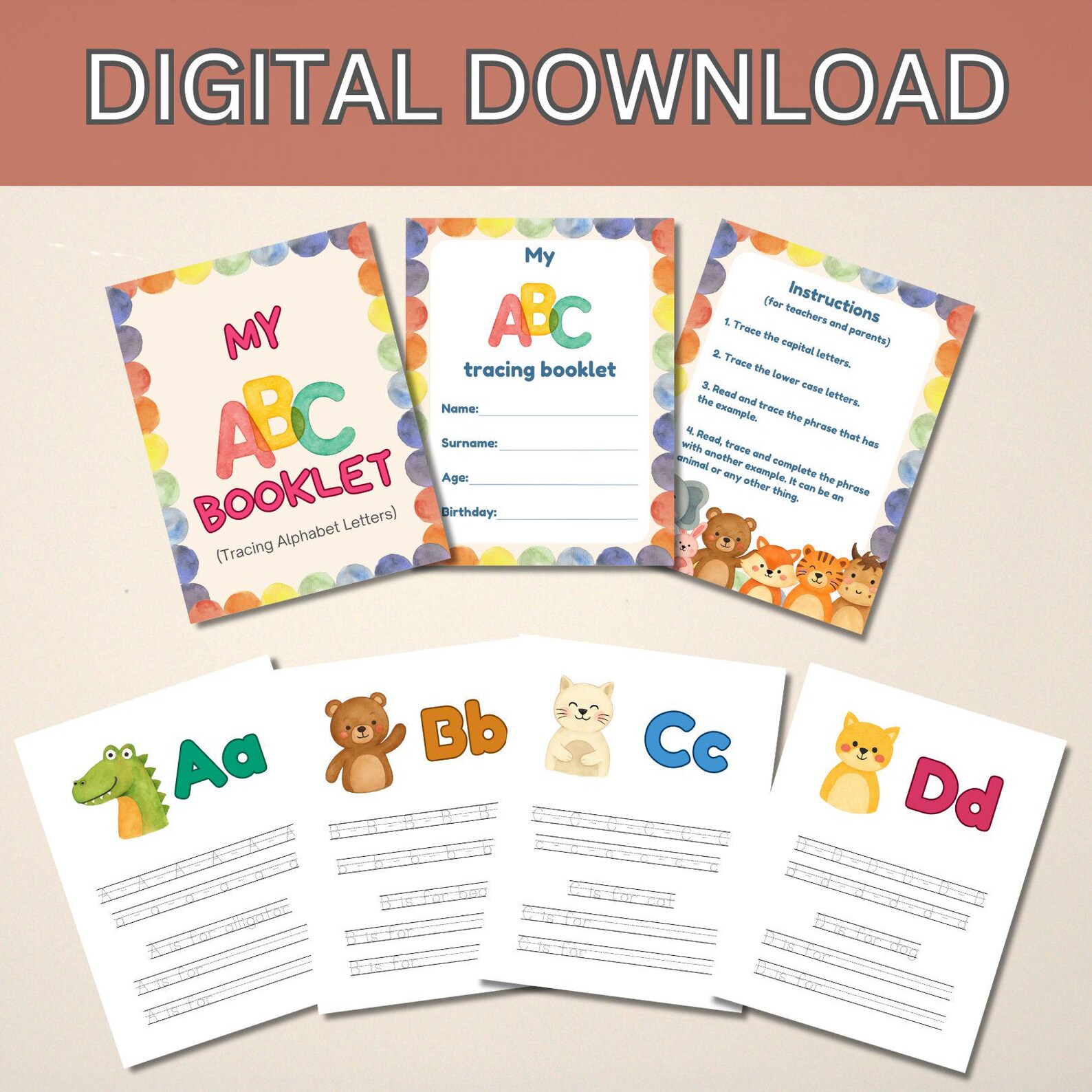 Watercolor ABC Tracing Letters Booklet (digital Download) | Printable ...