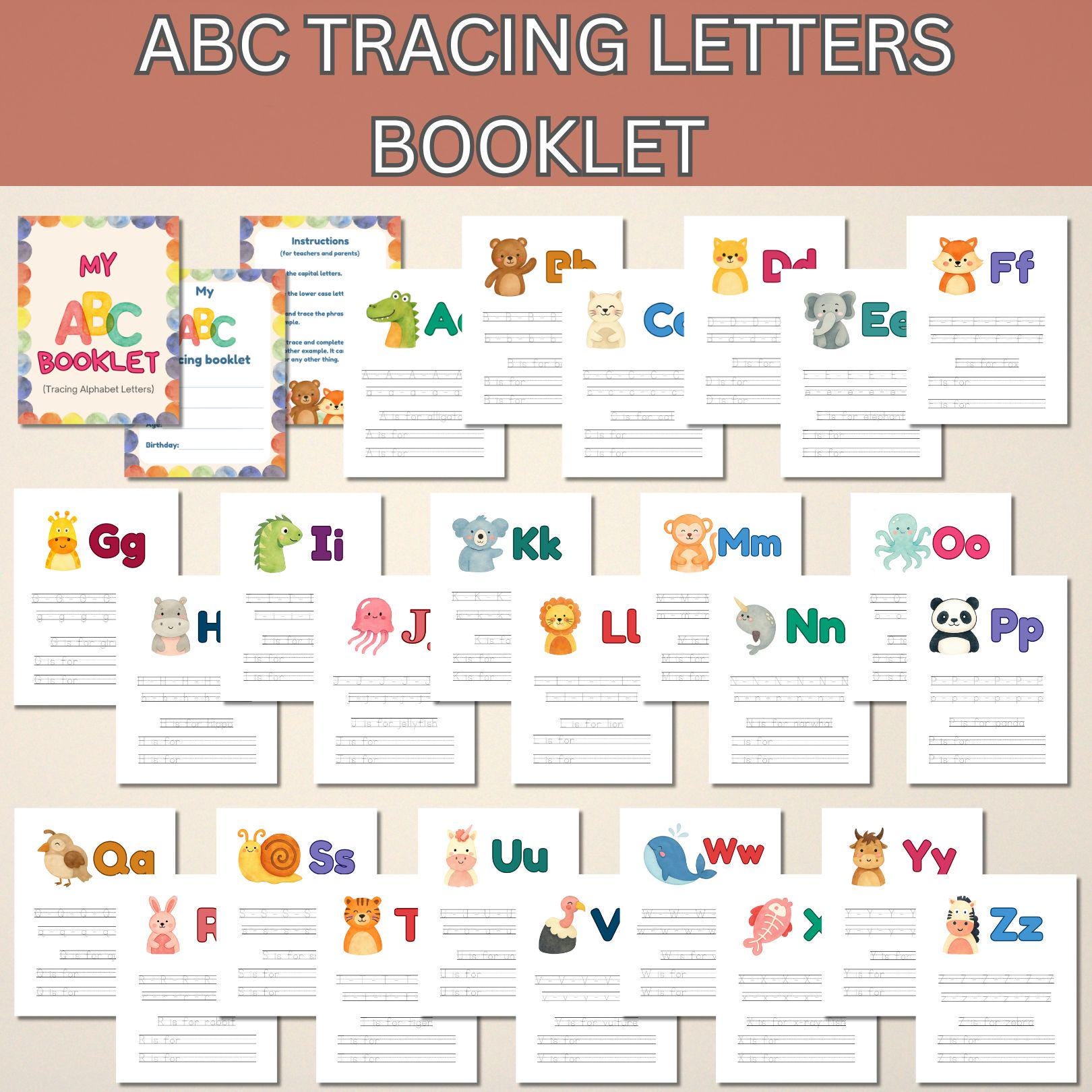 Watercolor ABC Tracing Letters Booklet (digital Download) | Printable ...