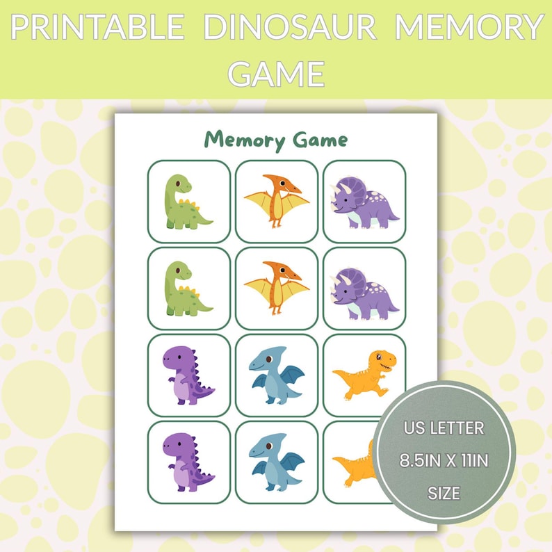 Dinosaur Memory Matching Game for Kids | Printable Card Game (instant ...