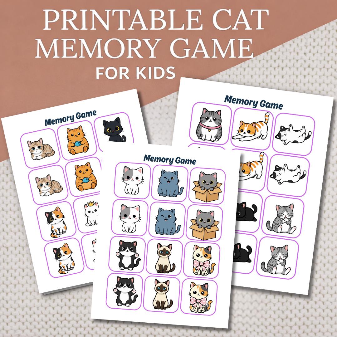 Cat Memory Matching Game for Kids | Printable Card Game (instant ...