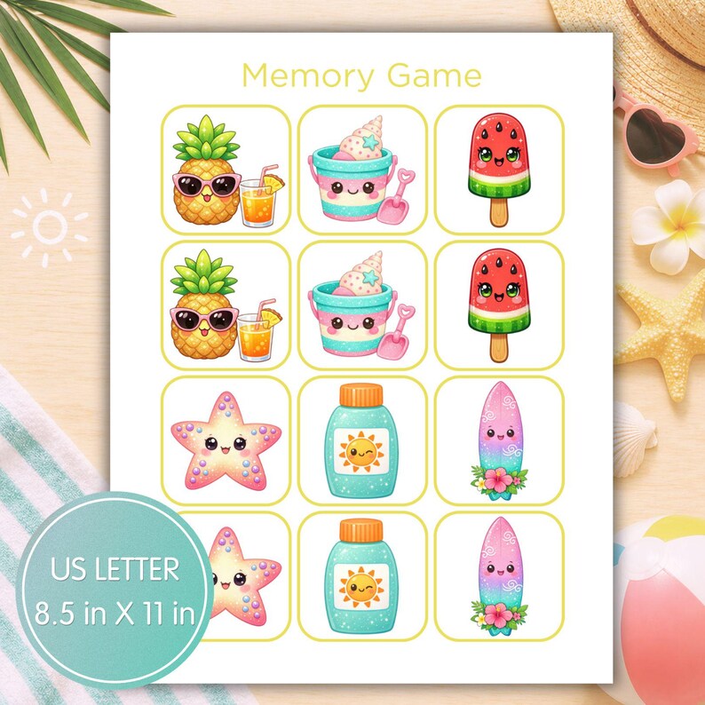 Summer Memory Matching Game | Kawaii Summer Cards (digital Download) - Etsy