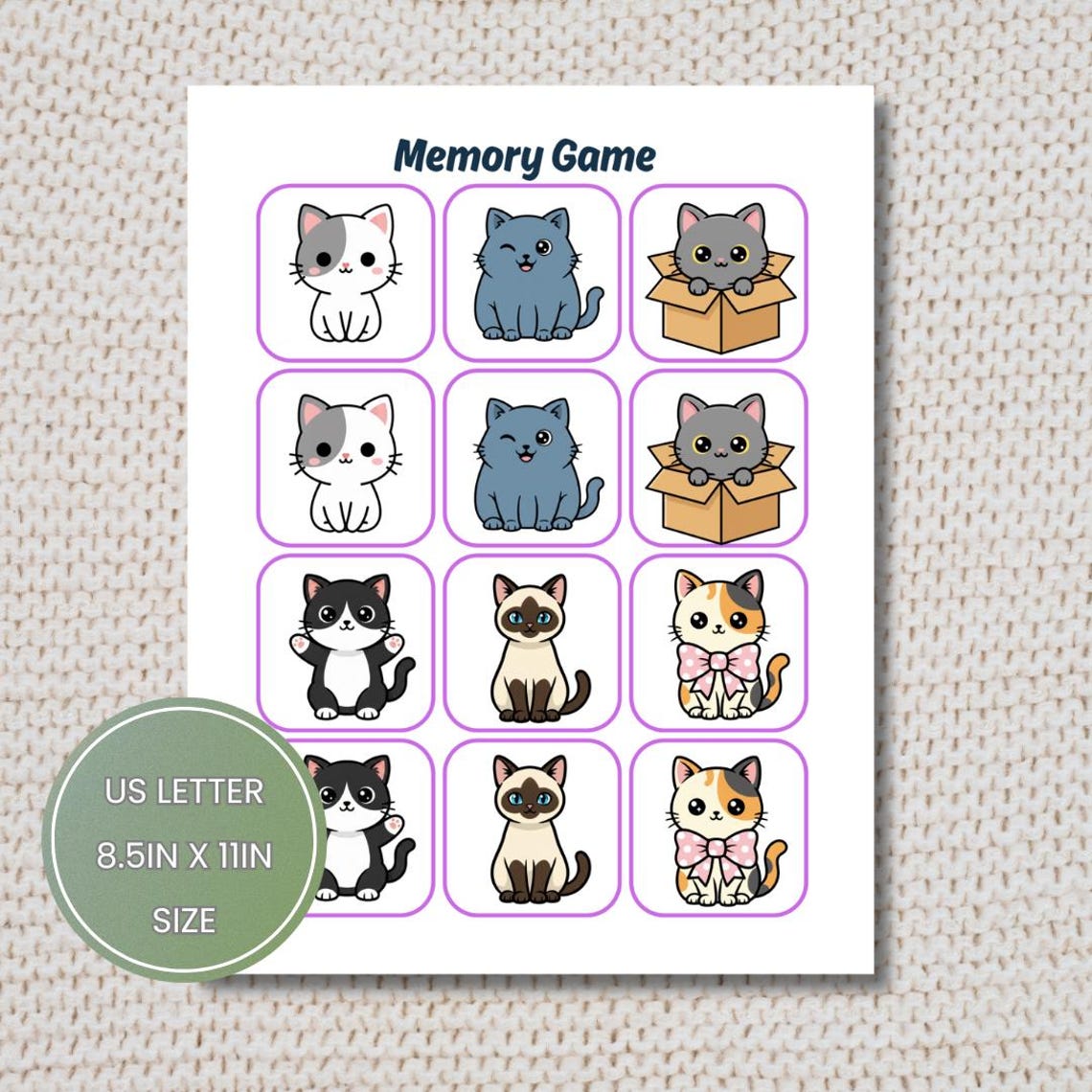 Cat Memory Matching Game for Kids | Printable Card Game (instant ...