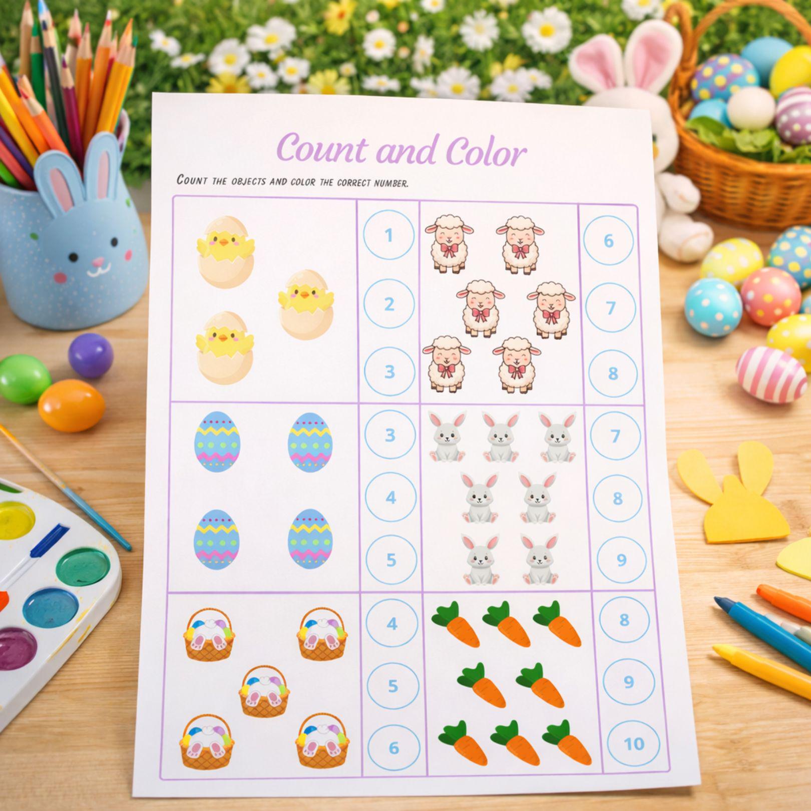 Easter Math Worksheets for Kids, Preschool Spring Count and Color Pages ...
