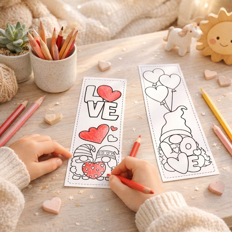 Valentine Gnome Coloring Bookmarks | Printable Bookmarks | Digital ...