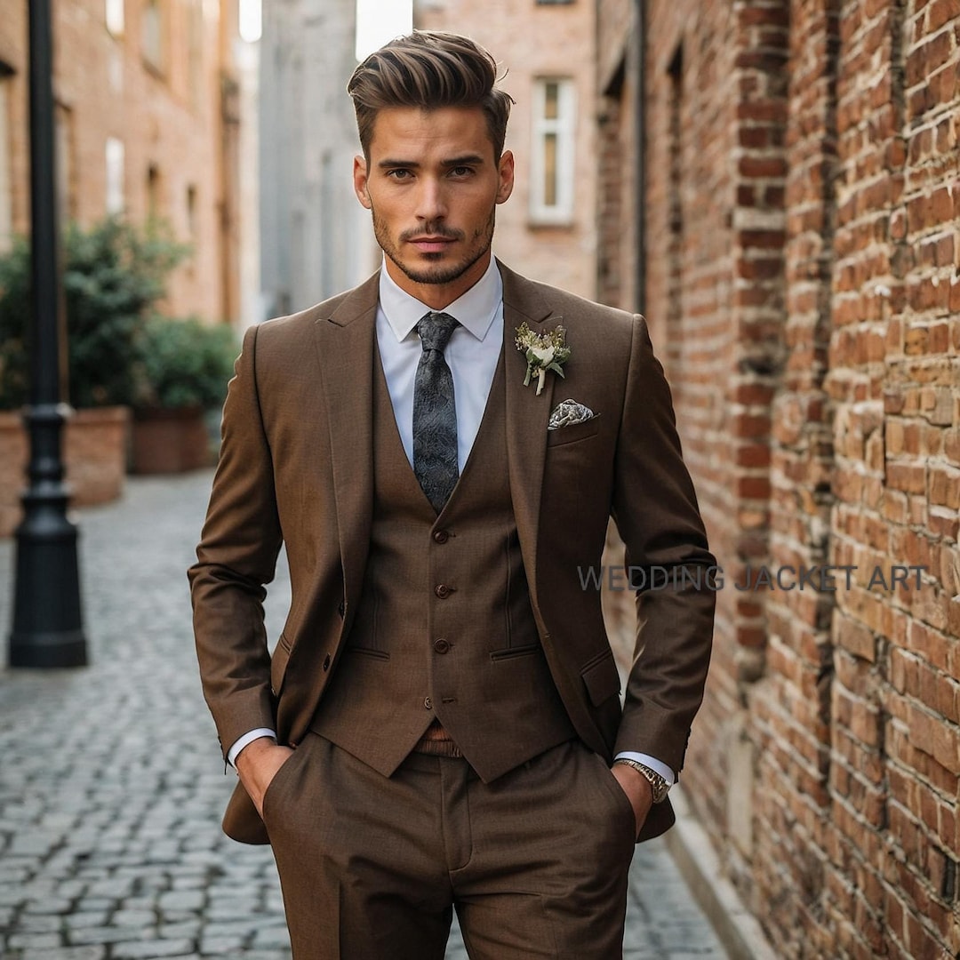 Men Brown Wedding 3 Piece Suits Grooms Wear Suits. New Coffee Color ...