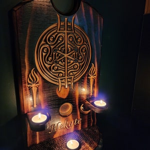 Carved Hekate Twin Torch Wheel and Sigil Wall Altar for Sacred Space ...