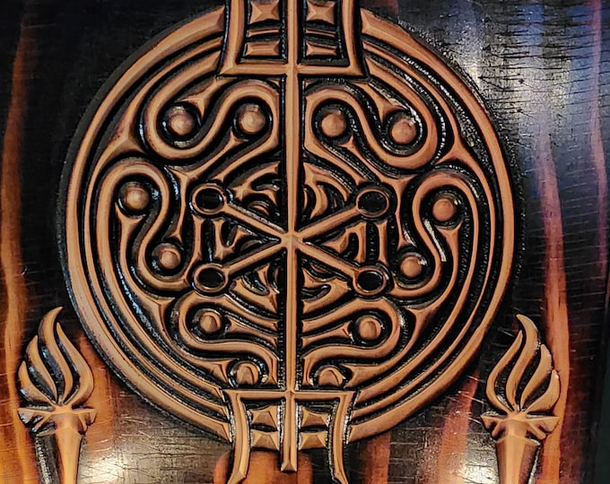 Carved Hekate Twin Torch Wheel and Sigil Wall Altar for Sacred Space ...