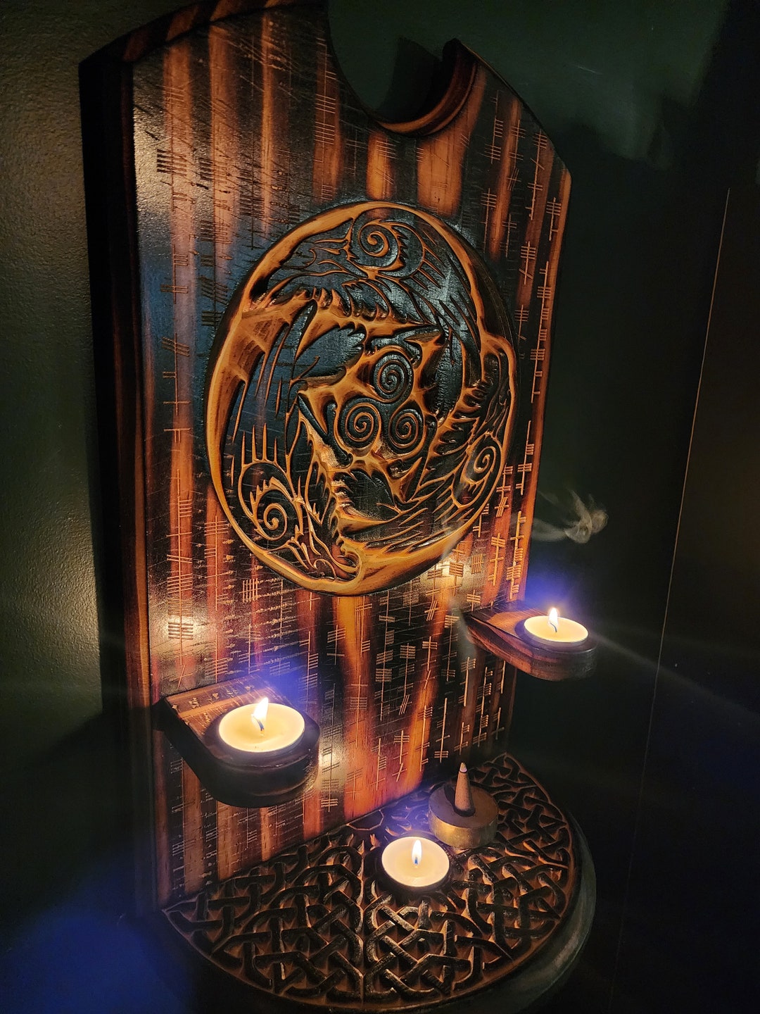 Carved Morrigan Triple Raven Three Candle Wall Altar for Sacred Space ...