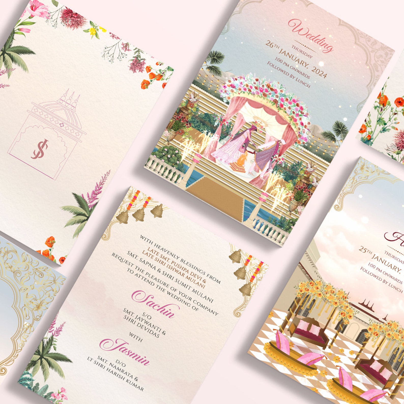 Pastel Indian Wedding Floral Theme Haldi, Reception, Phere, Sangeet ...