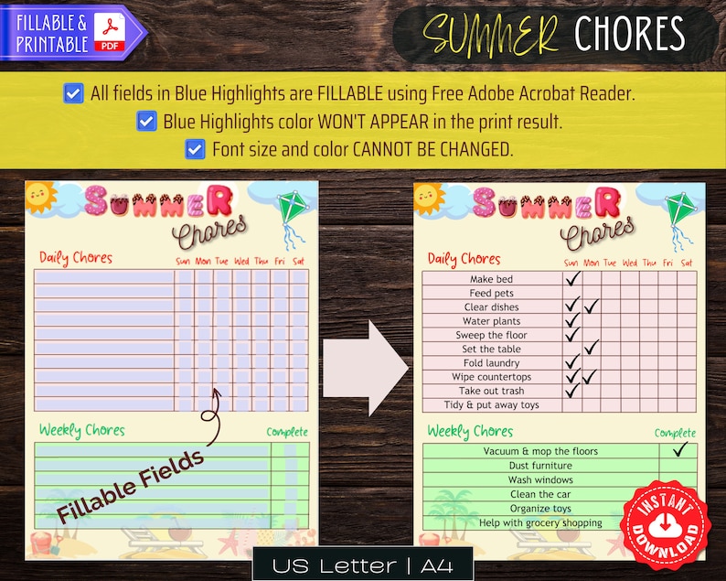 Editable Summer Chore Chart Printable Summer Chores for Kids - Etsy