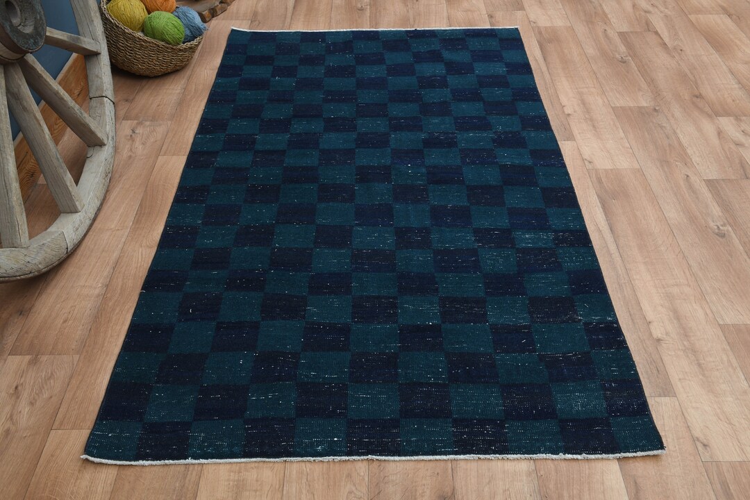 5'8x7'9 Ft, CHECKERED NAVY BLUE Vintage Rug, Turkish Rug, Handmade ...