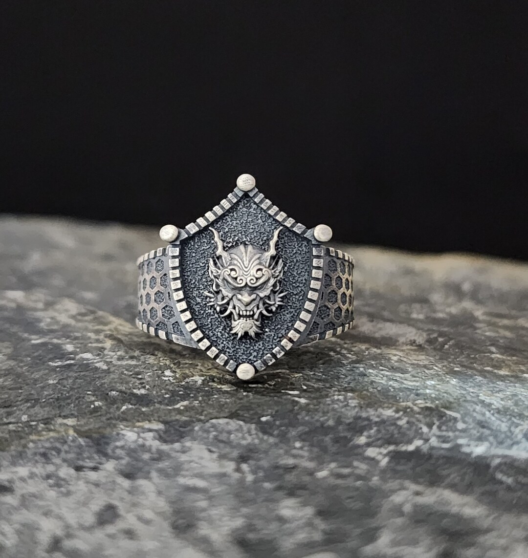 Engraved Demon Mask Sterling Silver Ring, Gothic Oni Amanajoku - Etsy