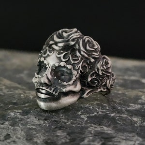 Silver Santa Muerte Ring Mens Sugar Skull Ring Unique Santa Muerte Ring Silver Mexican Girl Ring ...
