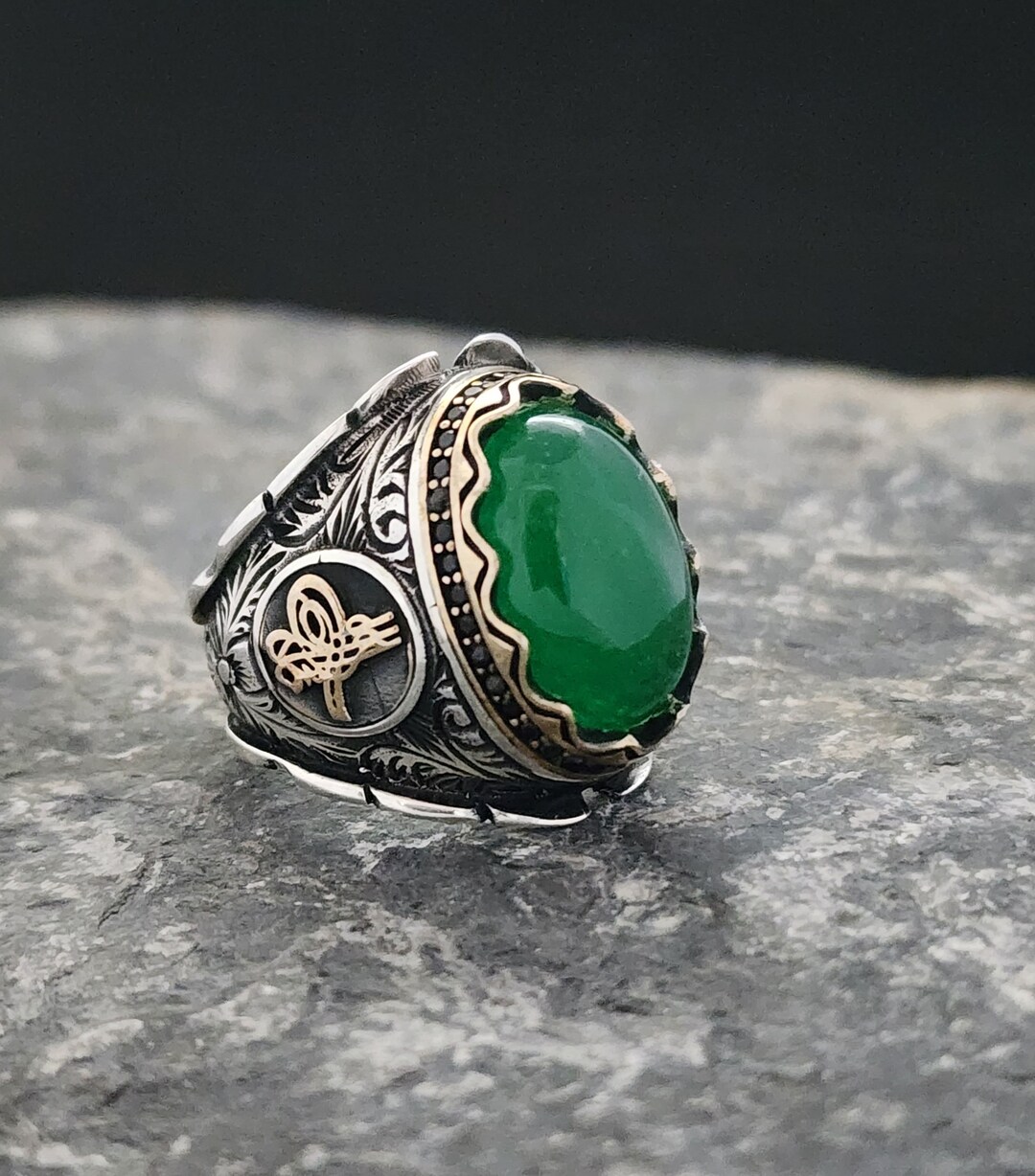 Jade Stone Sterling Silver Men's Ring: Oxidized Green Quartzite - Etsy