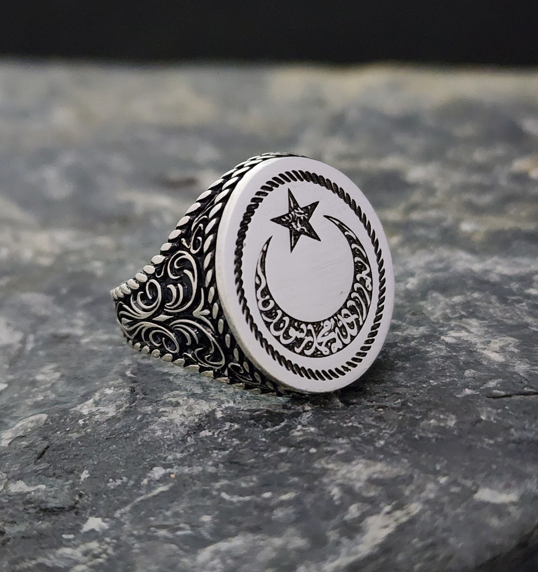 A Crescent Star Turkic Ring With Arabic Letter, 925 Sterling Silver ...