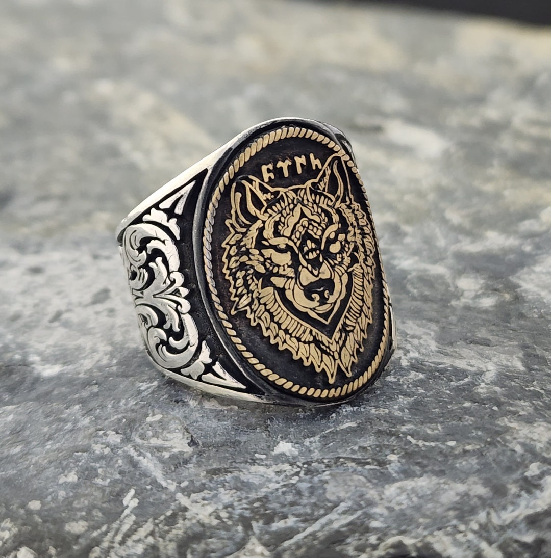 Turkic Ring With Alpha Wolf and Turkish Written on Top, 925 Sterling ...