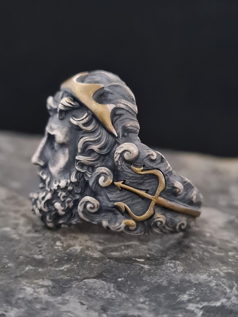 Poseidon God of the Sea Handmade Sterling Silver Men Charm Ring ...