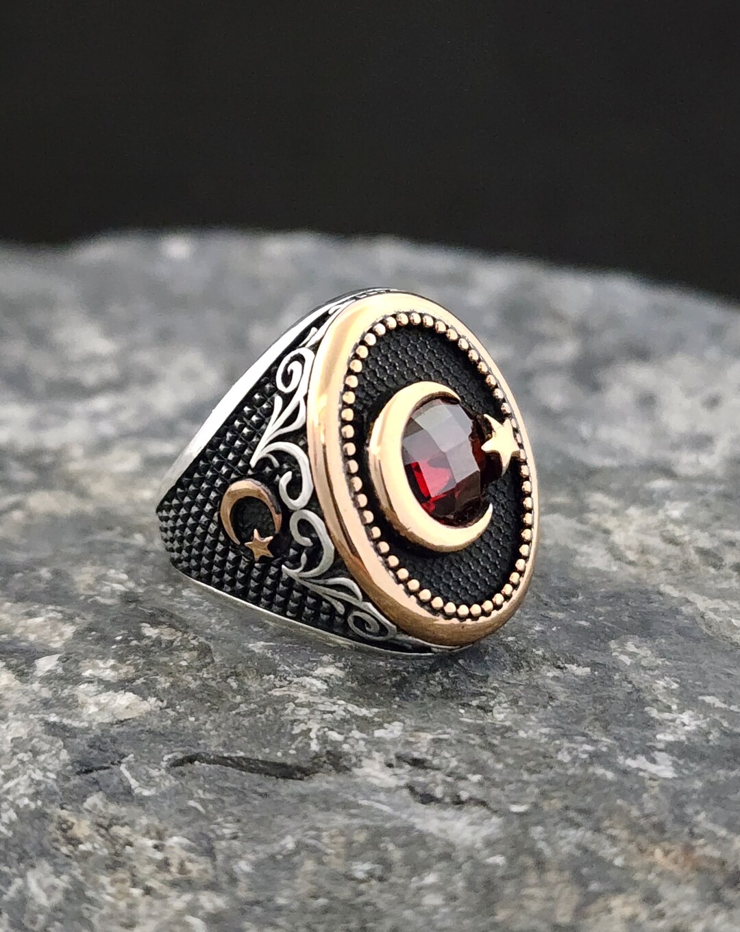 A Crescent Star Turkic Ring With Garnet Stone, 925 Sterling Silver ...