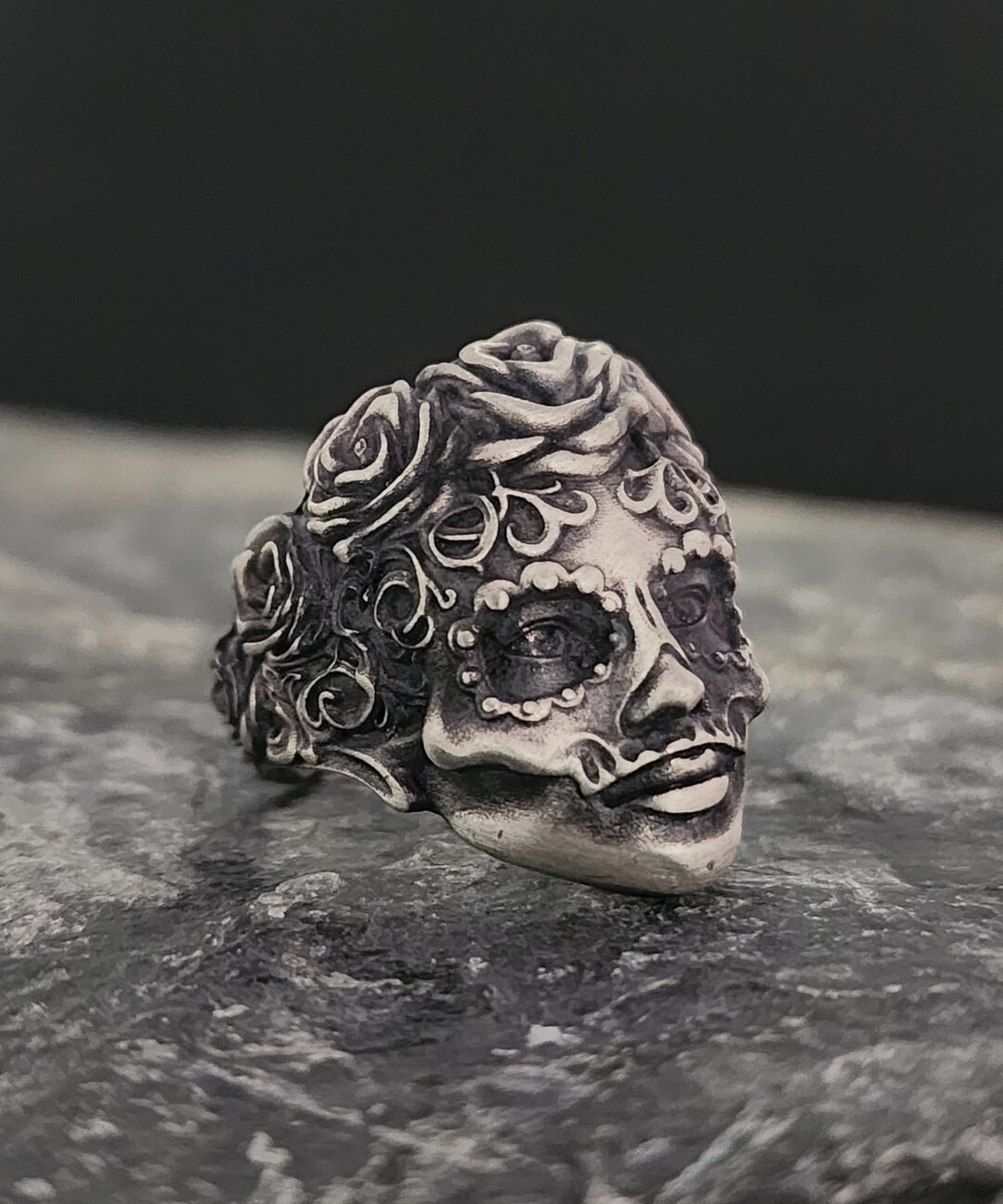 Silver Santa Muerte Ring Mens Sugar Skull Ring Unique Santa Muerte Ring Silver Mexican Girl Ring ...