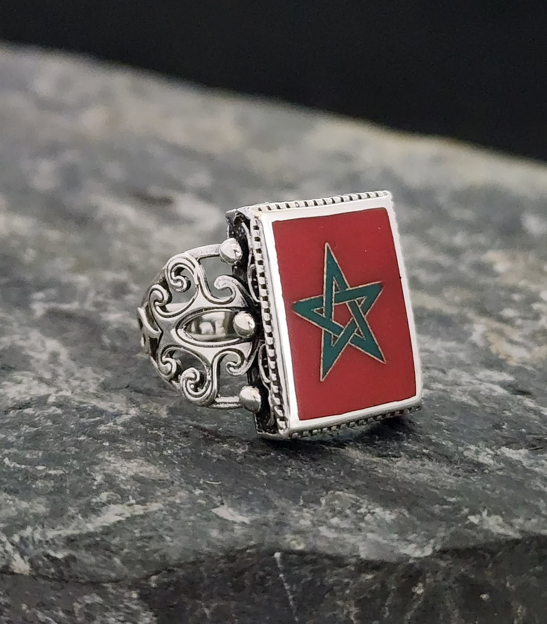 Moroccon Flag Star Ring Red and Green,moroccon Sterling Silver Men Ring ...