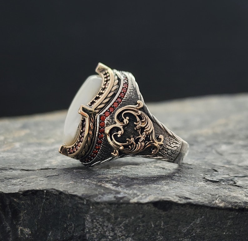 Genuine Mother of Pearl 925 Sterling Silver Ancient Ottoman Men Ring ...