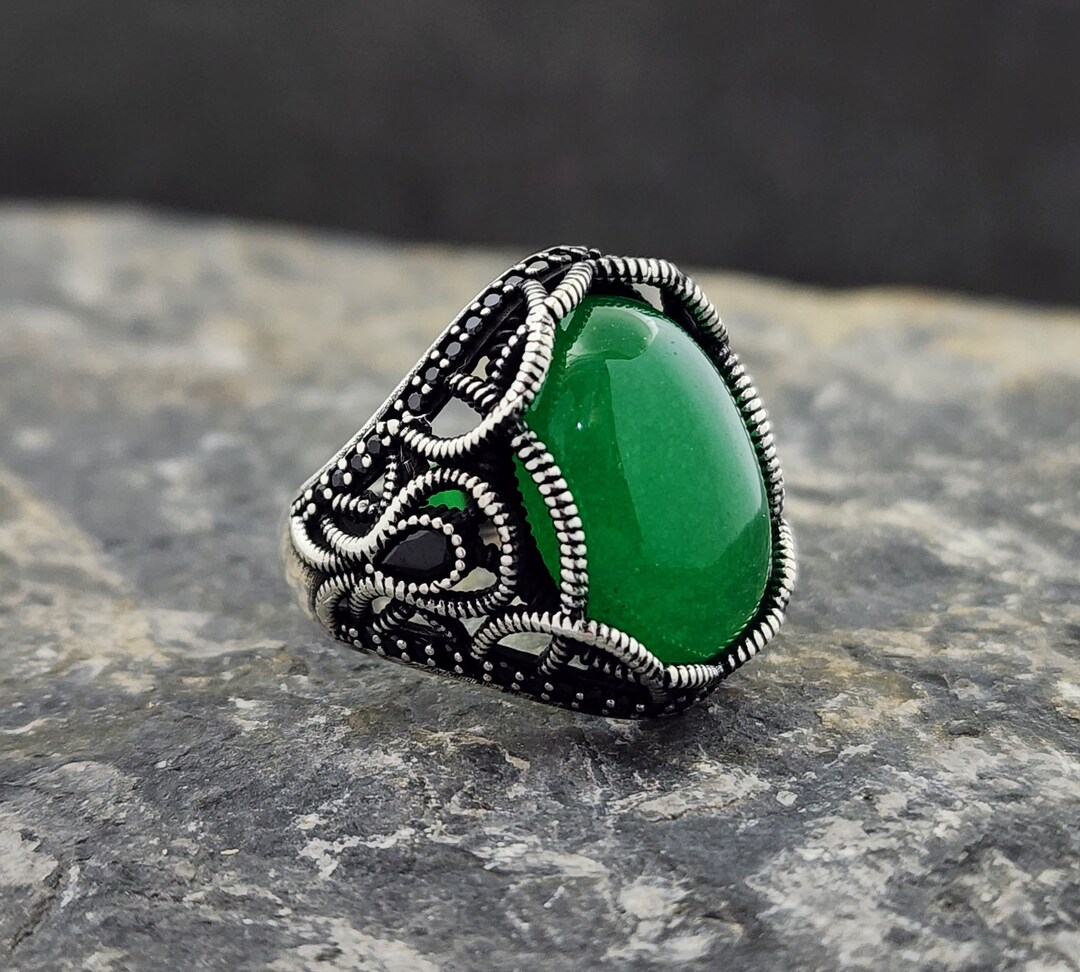 Oval Green Quartzite Jade Stone 925 Sterling Silver Mens Ring - Etsy