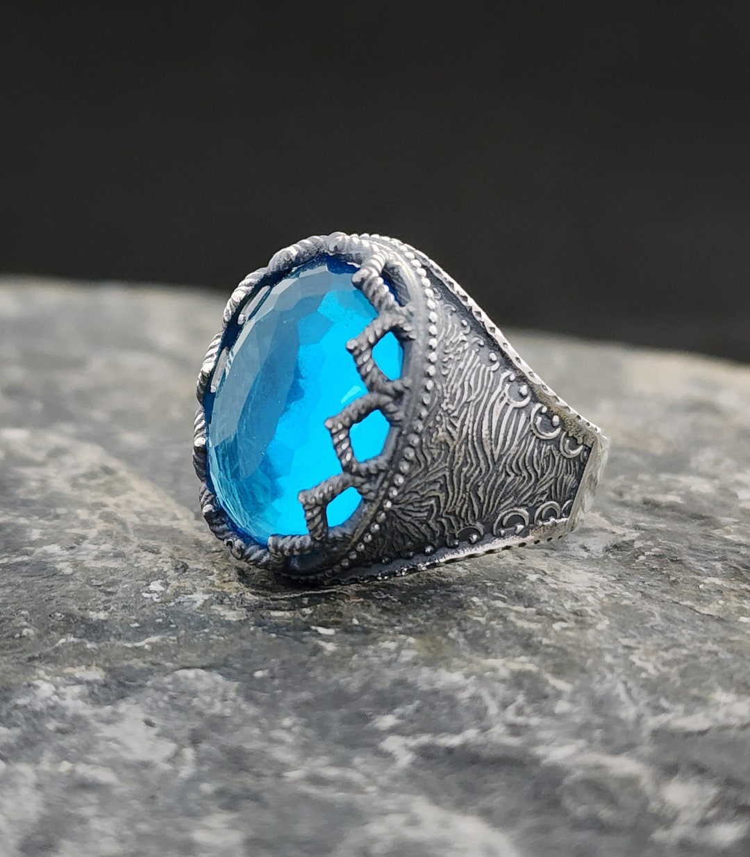 Aquamarine Stone Healing Ring,925 Sterling Silver Ancient Men Ring ...