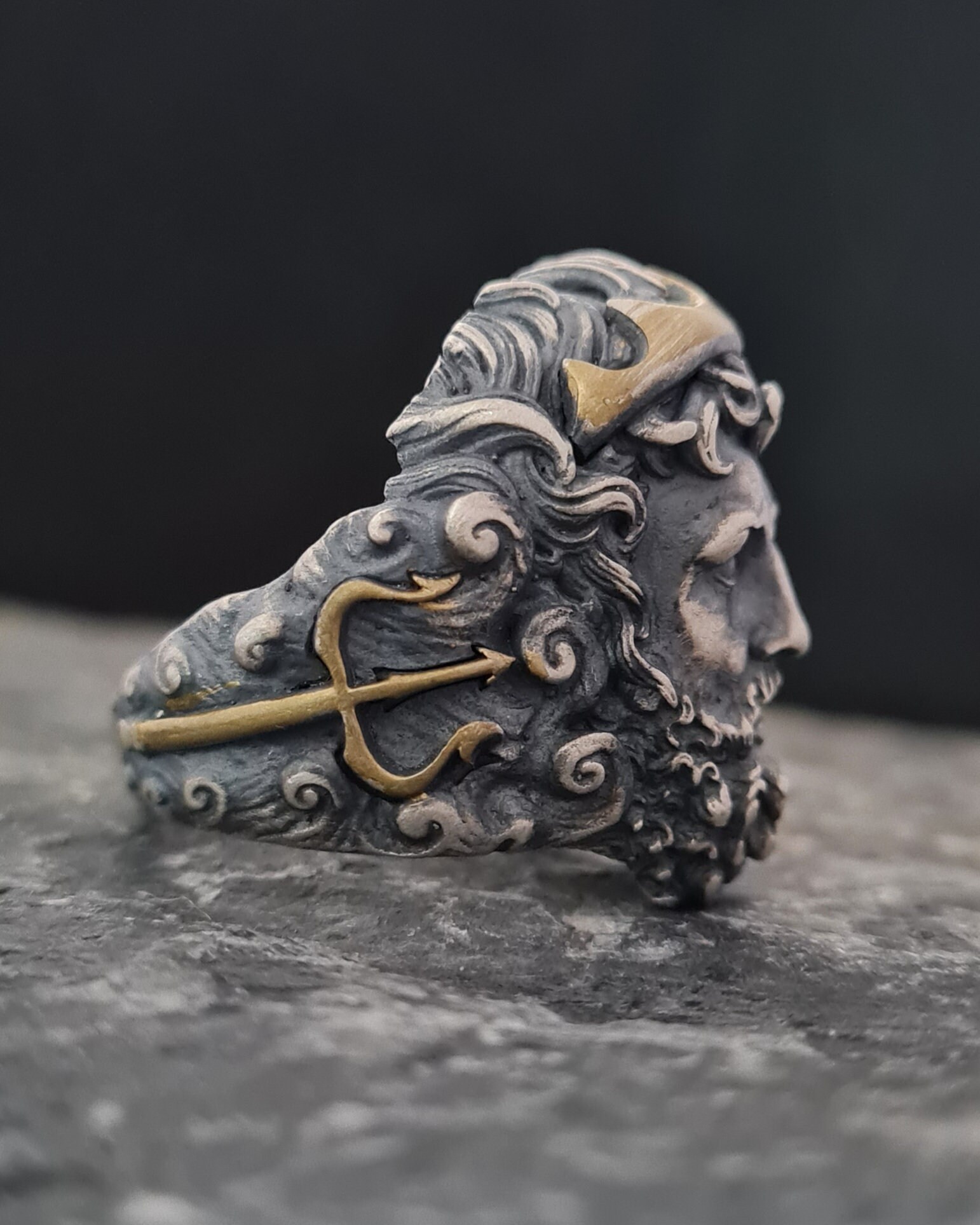 Poseidon God of the Sea Handmade Sterling Silver Men Charm Ring ...