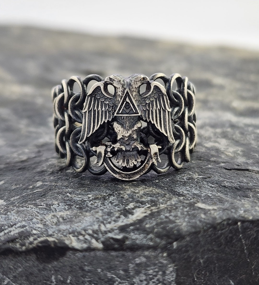 Oxidized Sterling Silver Two-headed Eagle Ring: Handmade Mens Statement ...