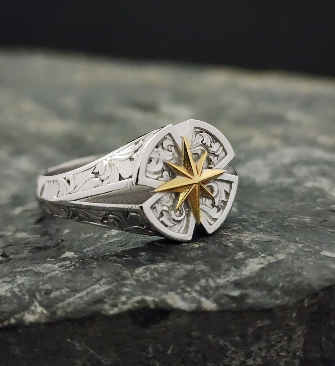 Gold Plated Compass Silver Rodium Ring,925 Sterling Silver - Etsy
