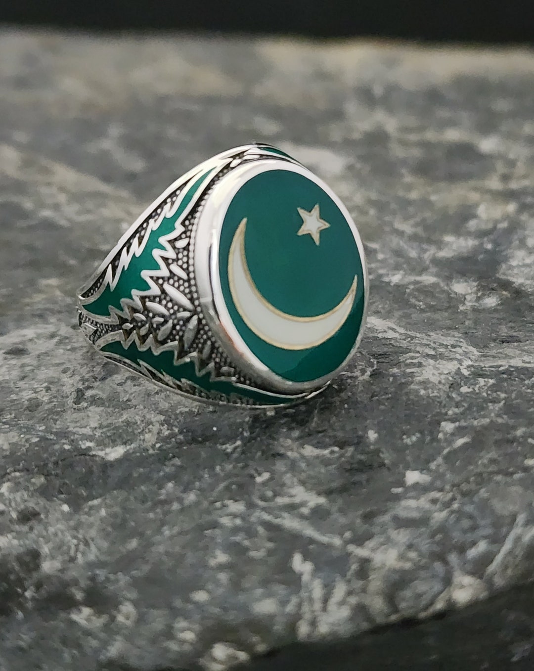 Oval Pakistan Flag Star Ring White and Green,sterling Silver Ring ...