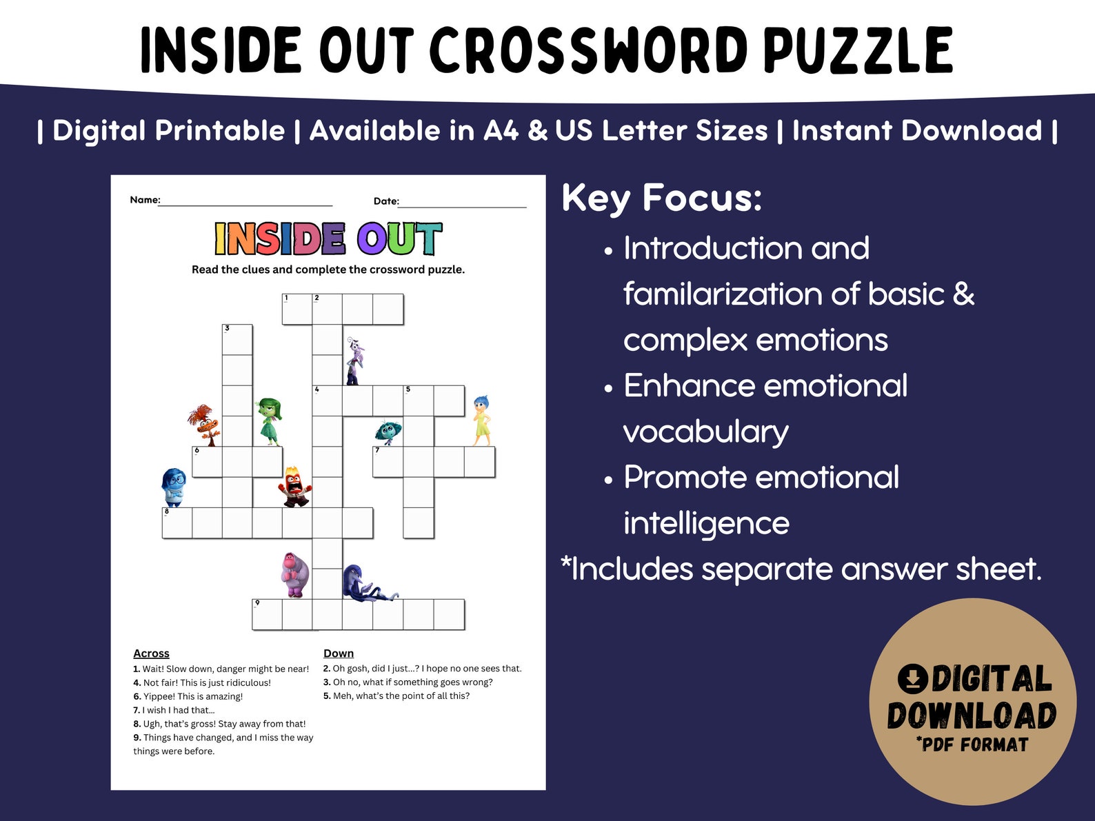 Inside Out 2 Worksheet: Feelings Crossword Puzzle Activity (digital ...