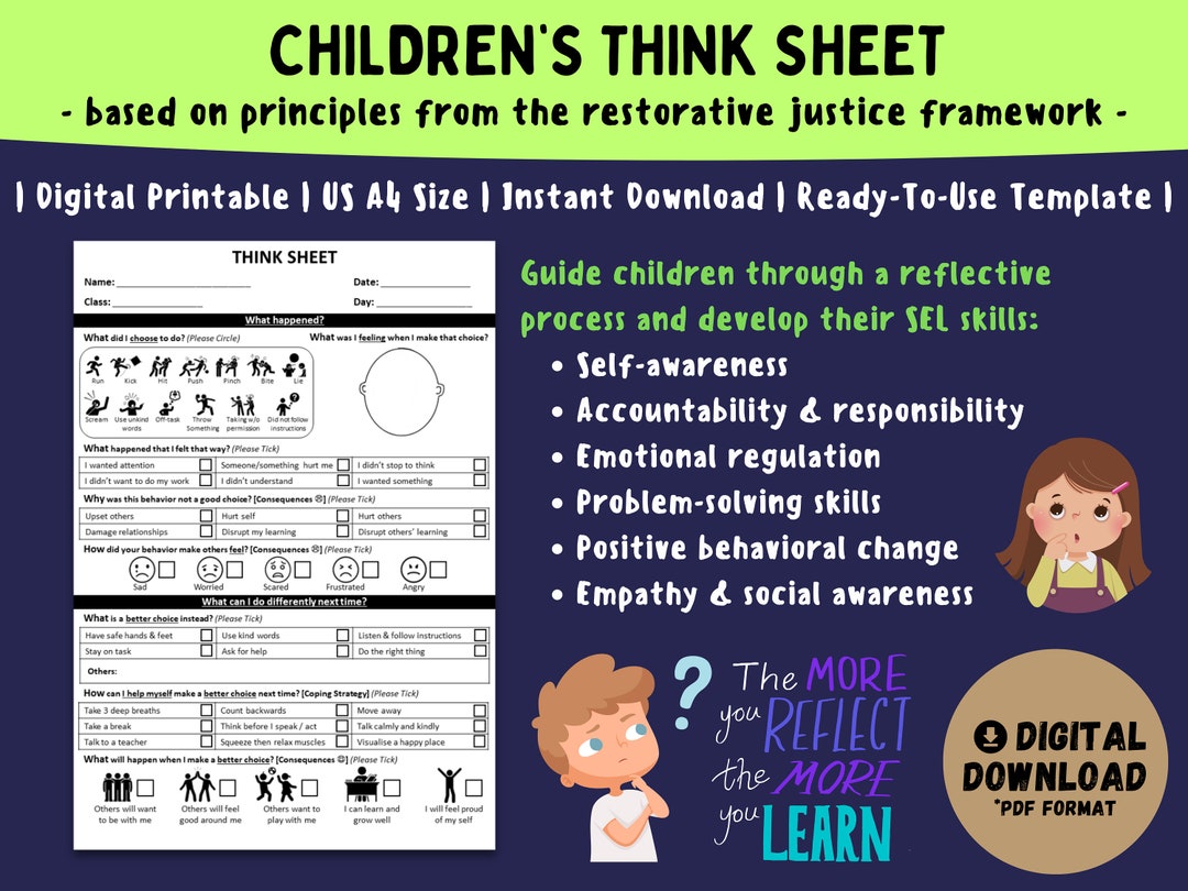 Children's Restorative Justice Think Sheet | Restorative Practices ...