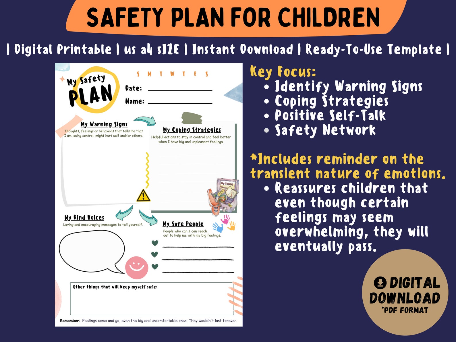 Children's Safety Plan: Coping Skills, Emotional Regulation (digital ...