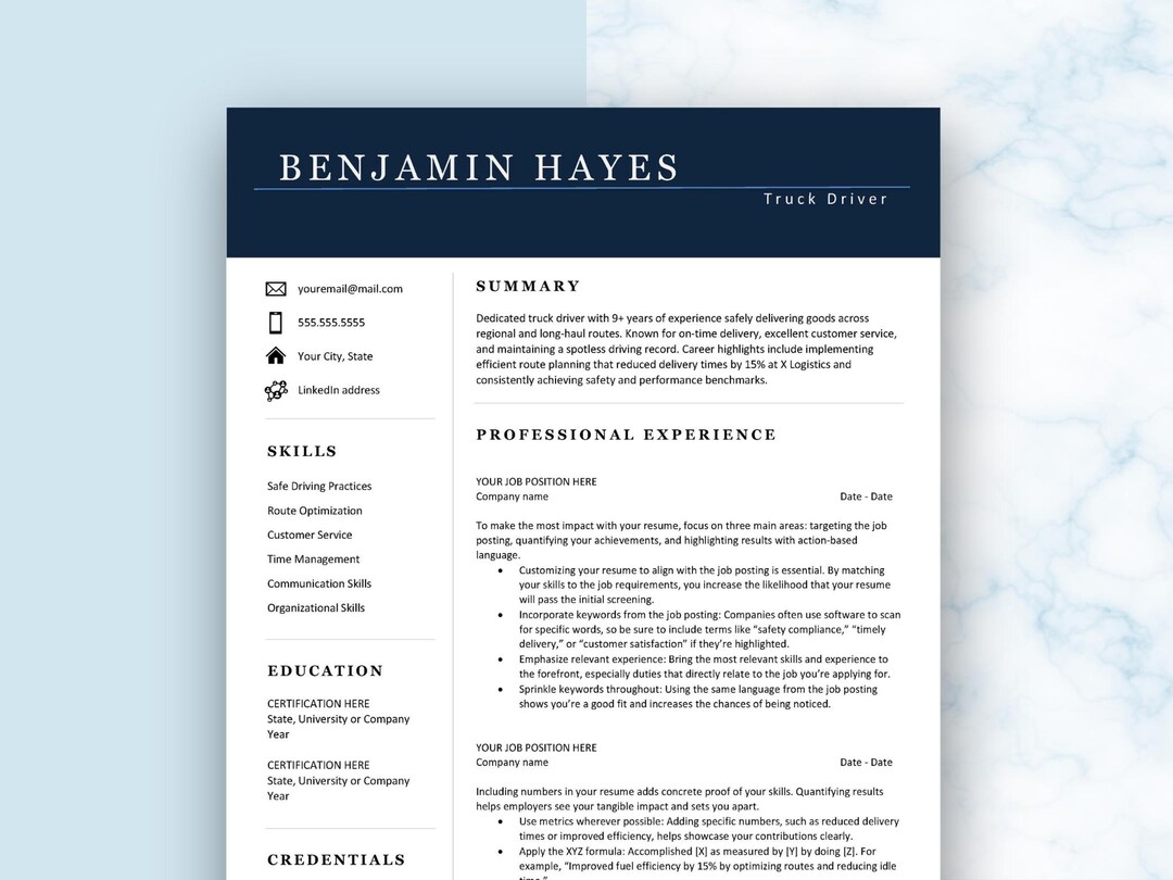 Truck Driver Resume Template | Word, Google Docs, Apple Pages ...
