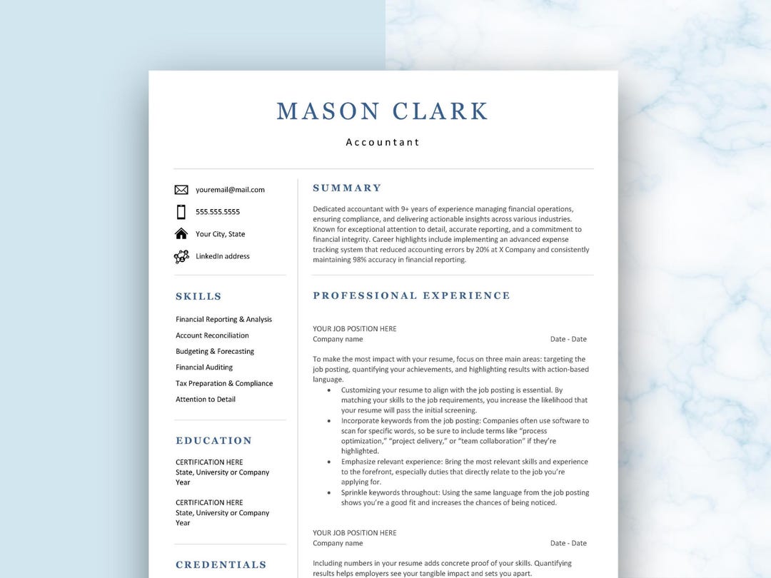 Accounting Resume Template | Clean & Professional CV | Word, Google ...