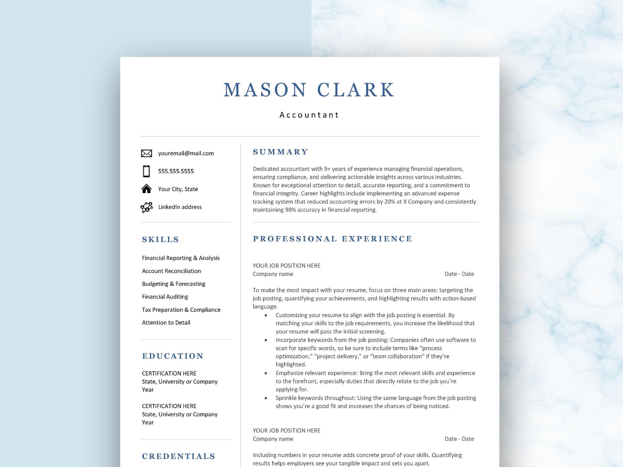 Accounting Resume Template | Clean & Professional CV | Word, Google ...