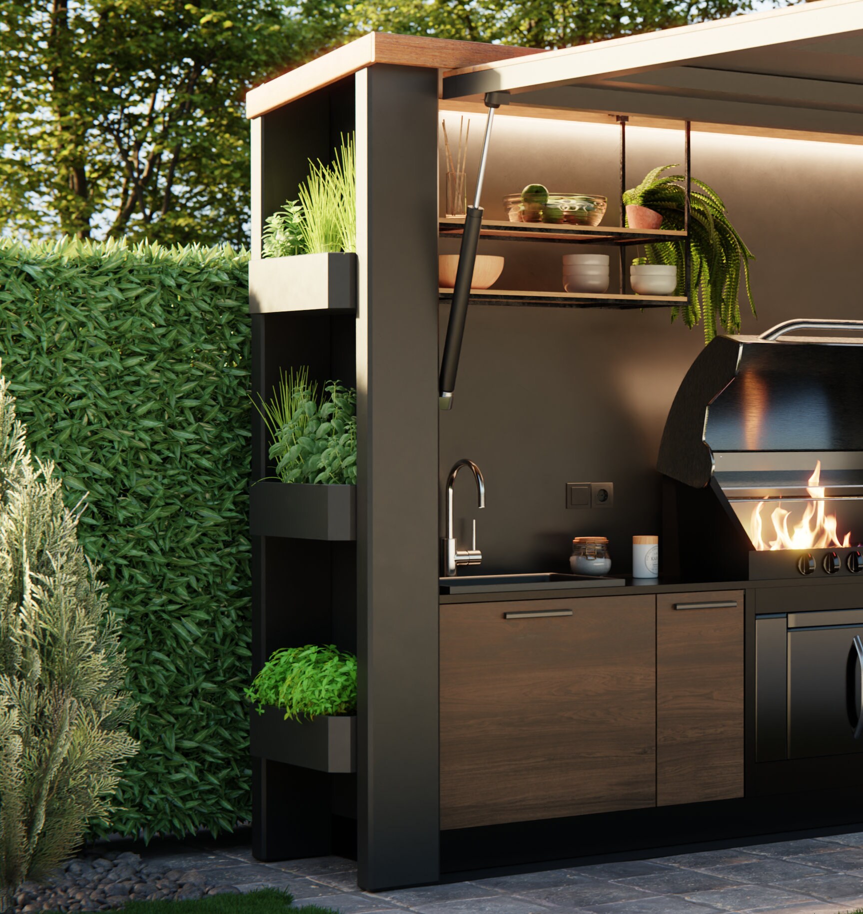 Modern Garden Kitchen sky Kitchen With Grill and Pizza Oven, Herbs ...