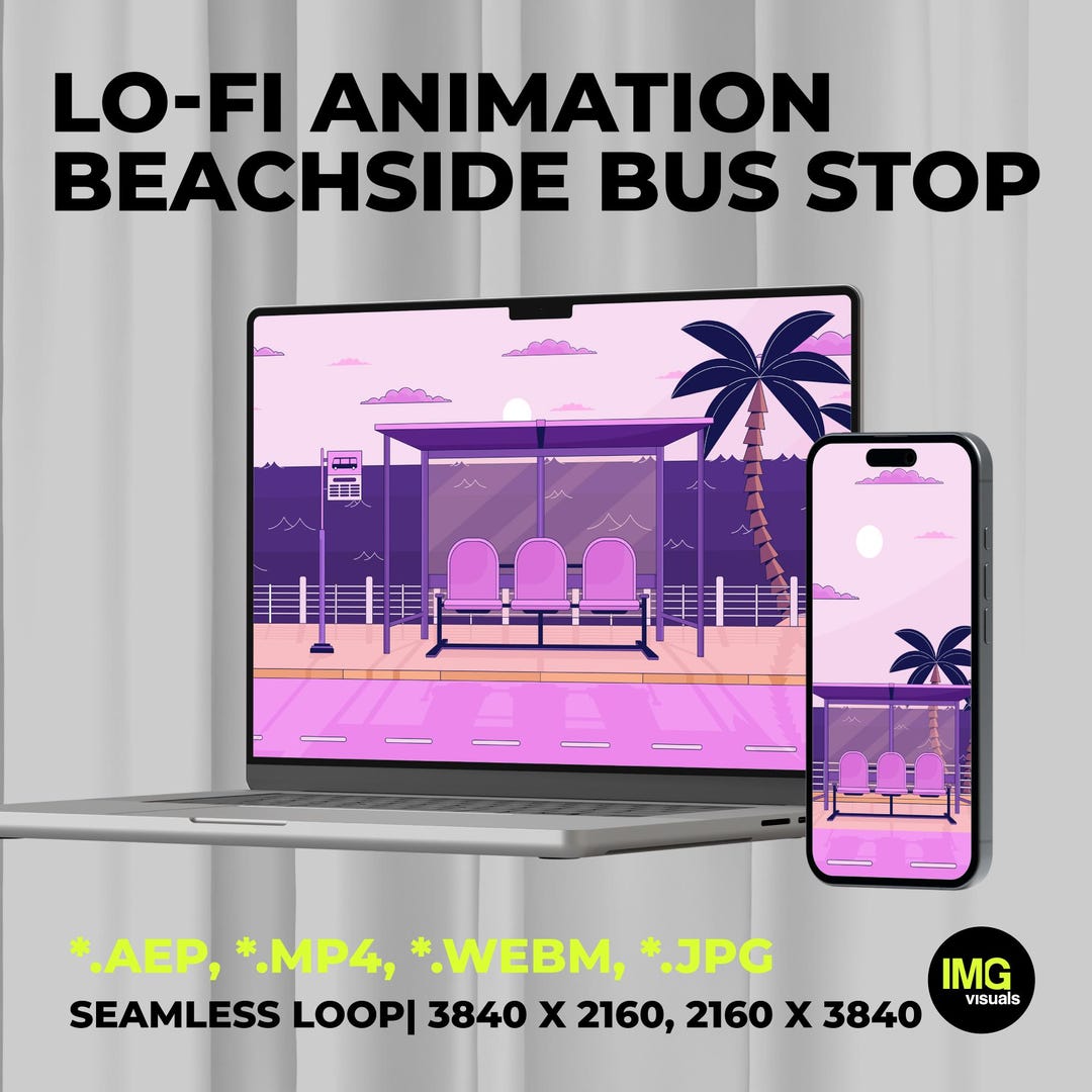 Lofi Animation Beachside Bus Stop | Pink Sunset Palm Lo Fi Scene With ...