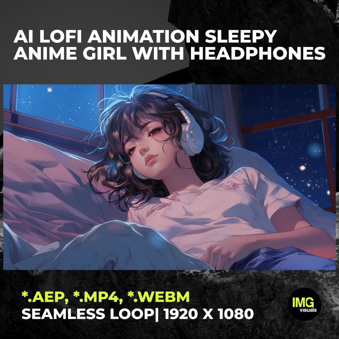 AI Lofi Animation Sleepy Anime Girl With Headphones | Lo-fi Loop Video ...