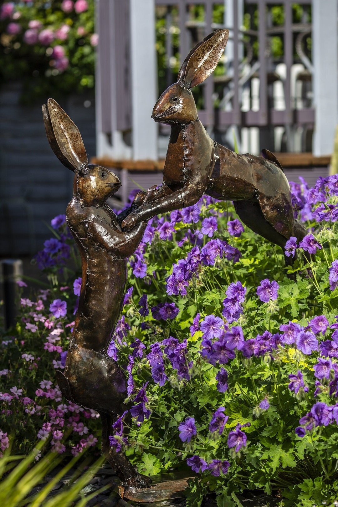 Handcrafted Recycled Metal Boxing Hares. Garden Outdoor Metal ...