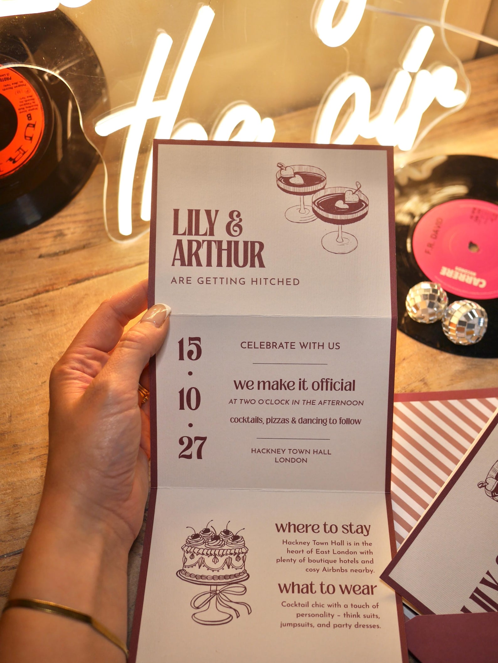 Retro Cocktail Concertina Wedding Invitation: Red and Pink Linen Card ...