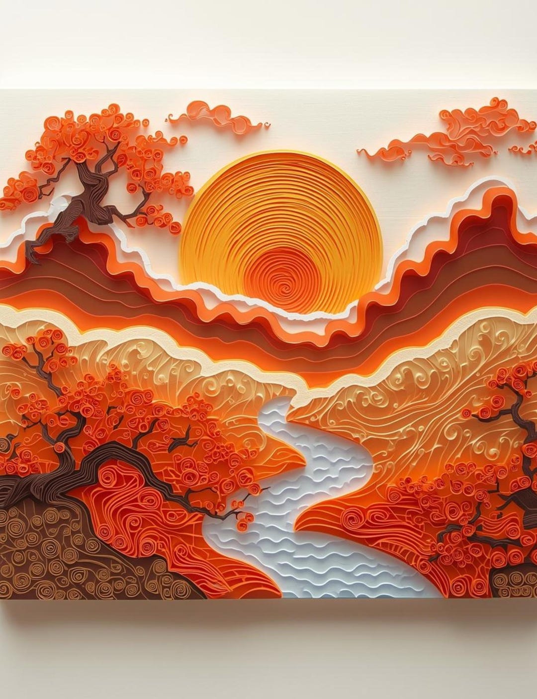 3D Japanese Paper Quilling Art Print, Autumn Sunset Canvas, Ukiyo-e ...