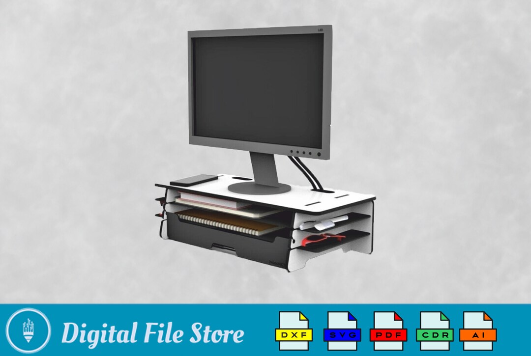 Laser Cut Monitor Stand File: Wooden Desktop Organizer (SVG, DXF, PDF ...